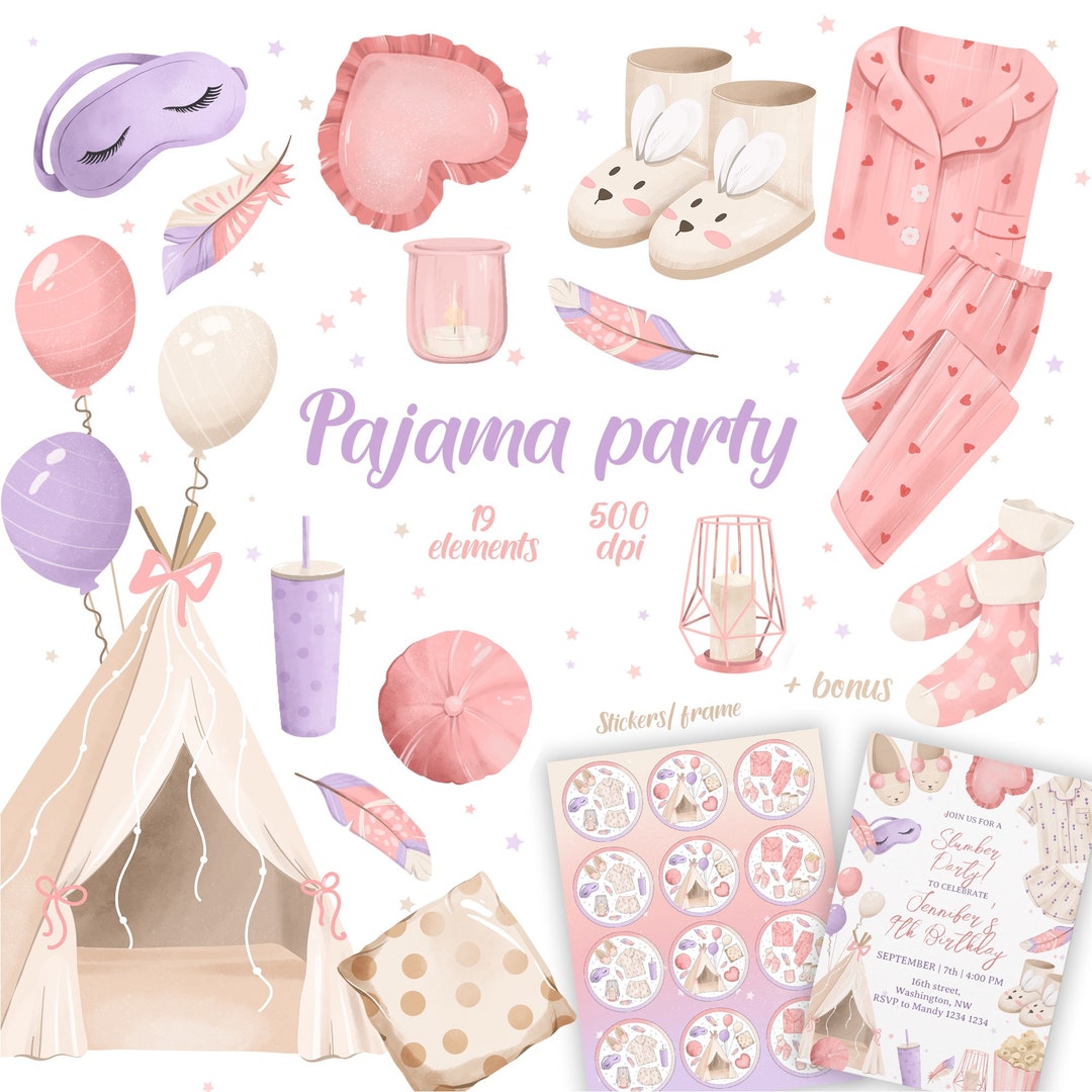Pajama Party Clipart: Slumber Party PNG, Stickers, Birthday Invitation ...