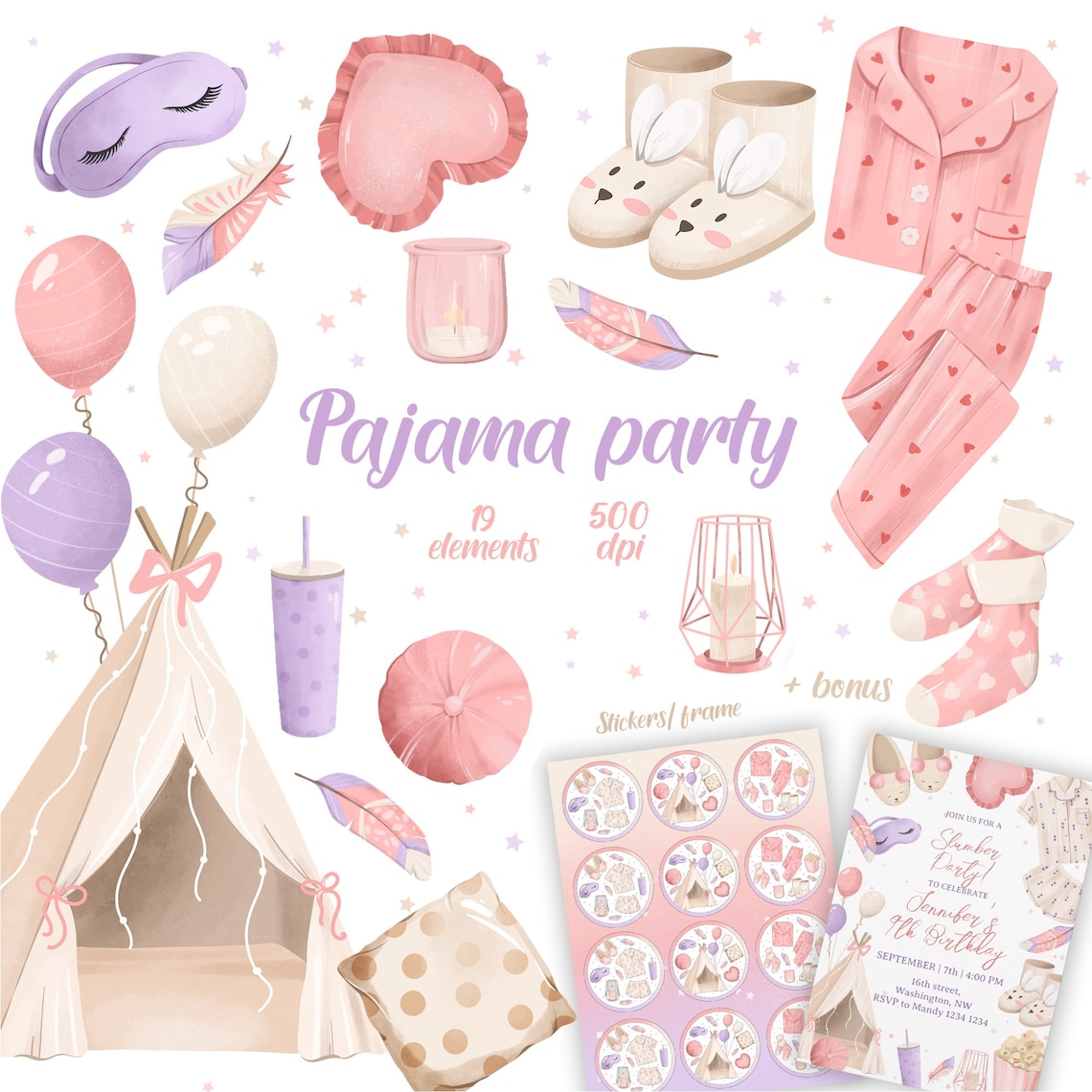 Pajama Party Clipart, Slumber Party PNG, Slippers, Pajama Birthday ...