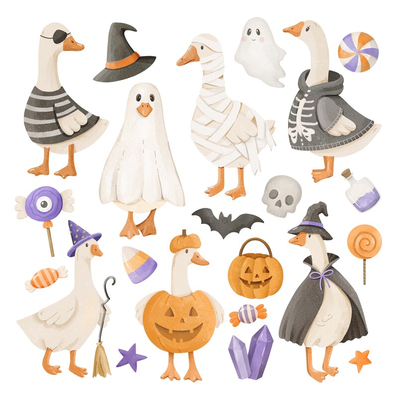 Watercolor Halloween Goose Clipart Set, Cute Spooky Geese PNG, Digital ...
