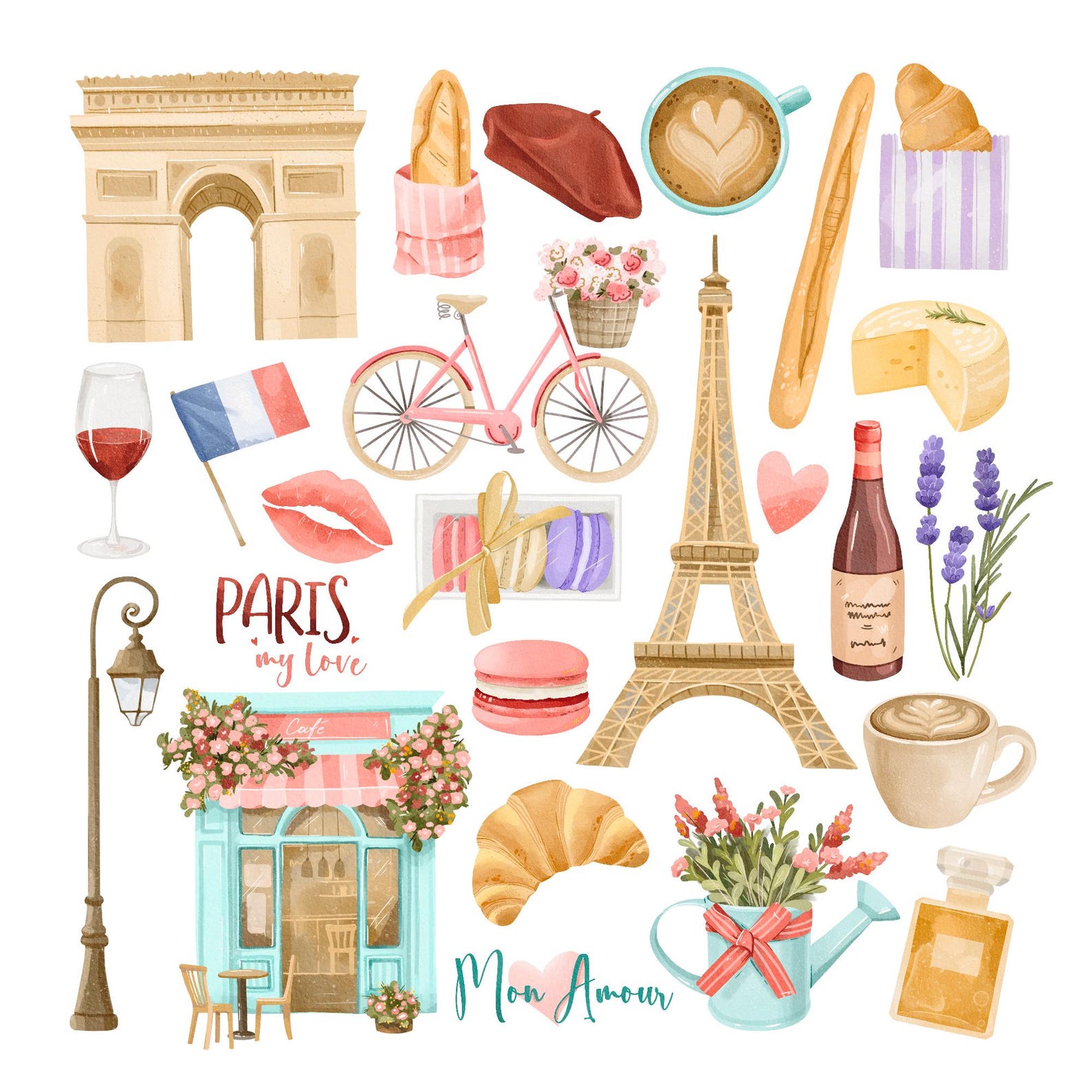 Watercolor Paris Clipart Set, Eiffel Tower, French Illustrations ...