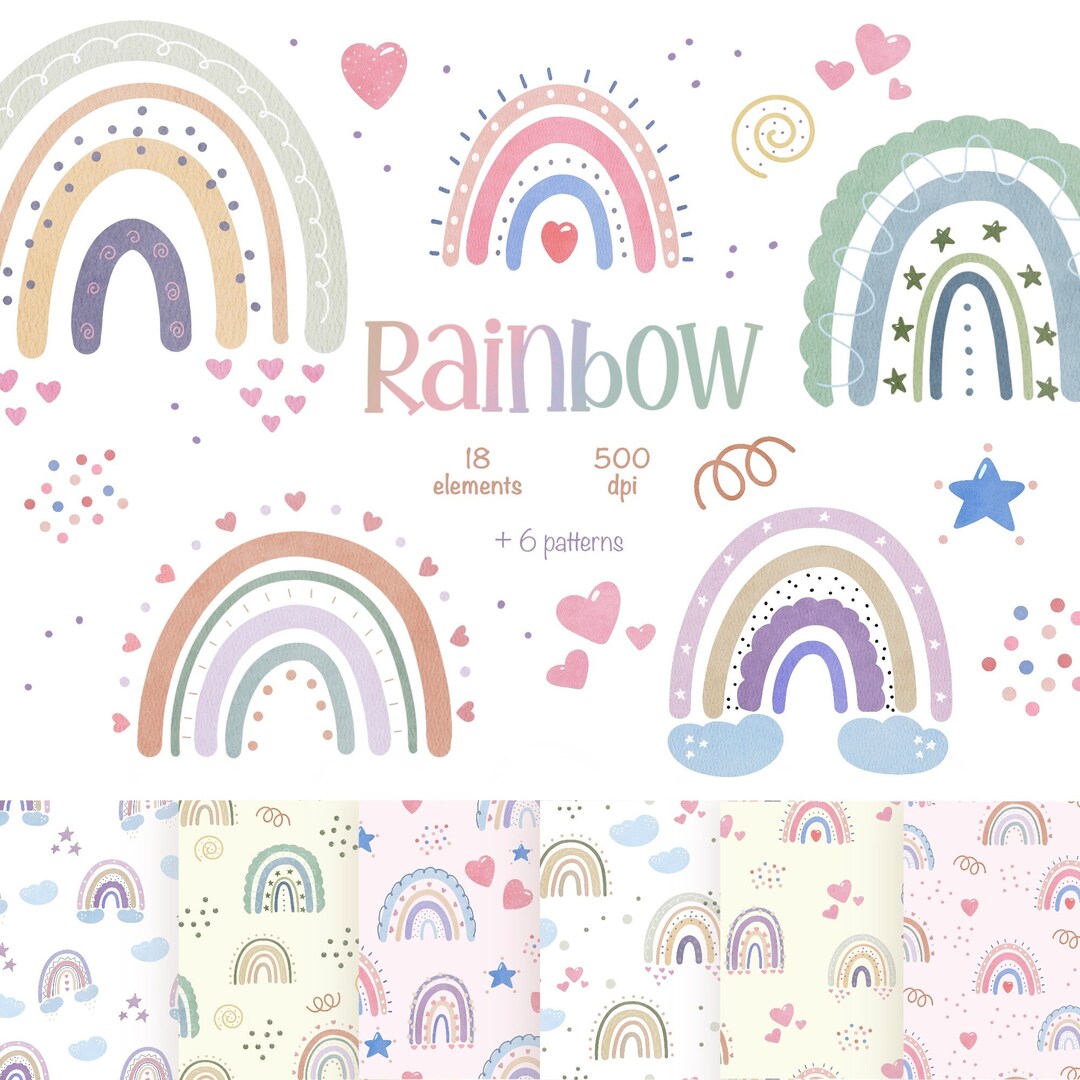 Watercolor Rainbow Clipart, Baby Pastel Rainbows, Boho Rainbow Clipart ...