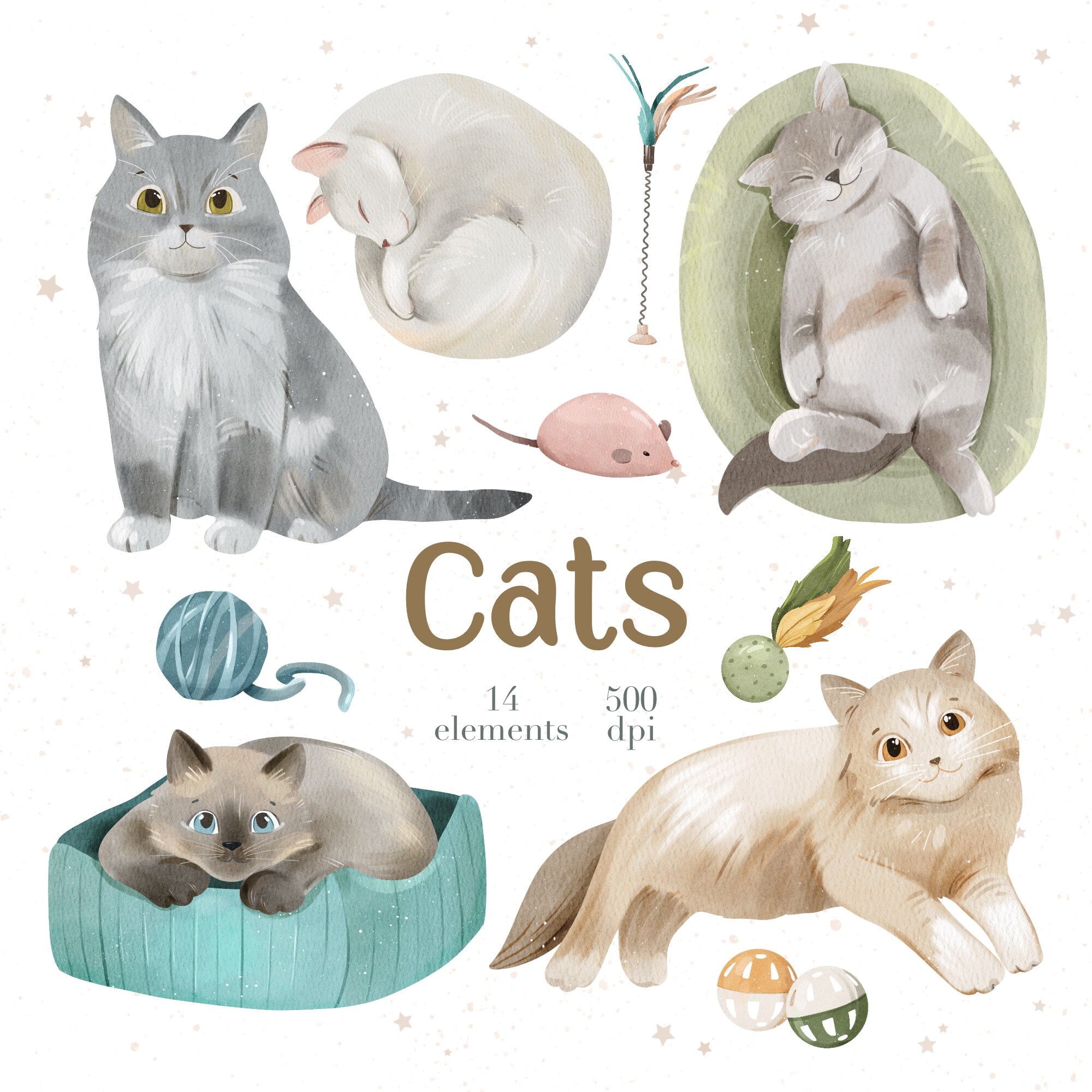 Watercolor Cats Clipart, Funny Cats PNG, Kitty Digital Clipart, Animals ...