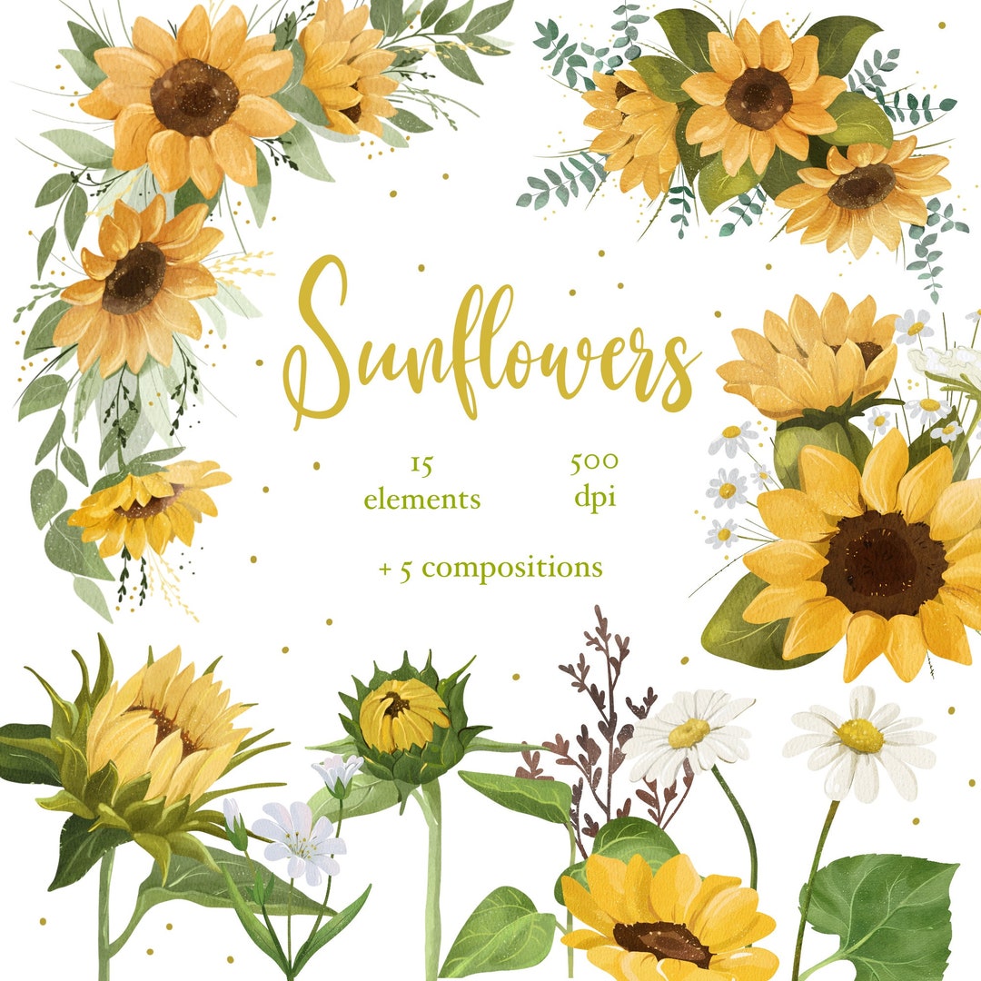 Watercolor Sunflower Clipart: Floral Bouquet PNG, Greenery Clipart ...