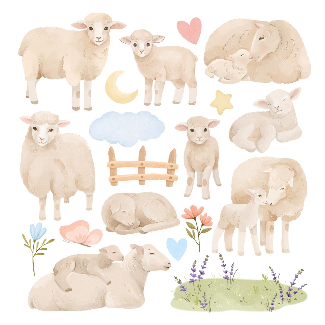 Watercolor Sheep Clipart, Baby Sheep PNG, Nursery Clipart, Lamb Graphic ...