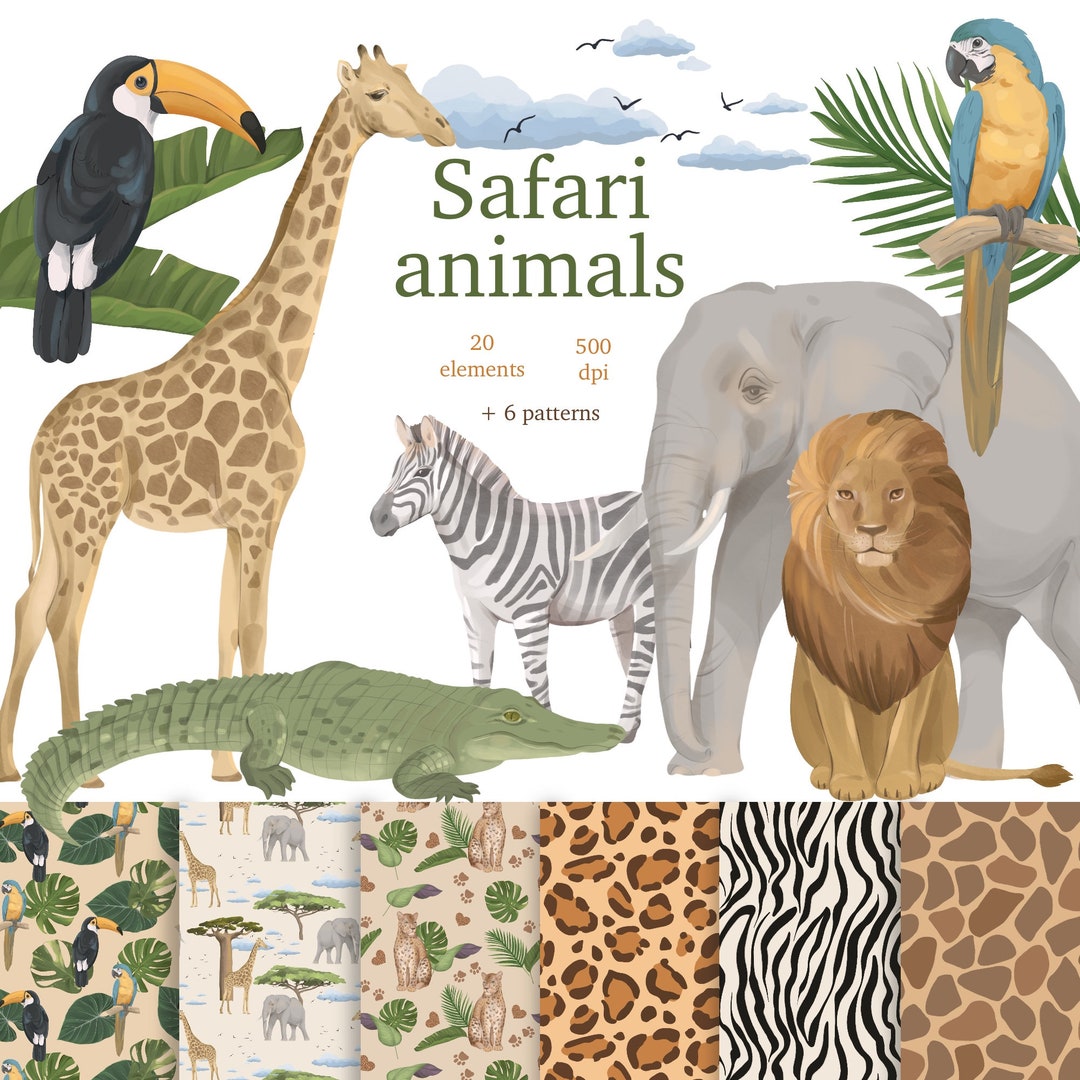 Safari Jungle Animals Clipart, Tropical Leaves Illustrations, Jungle ...