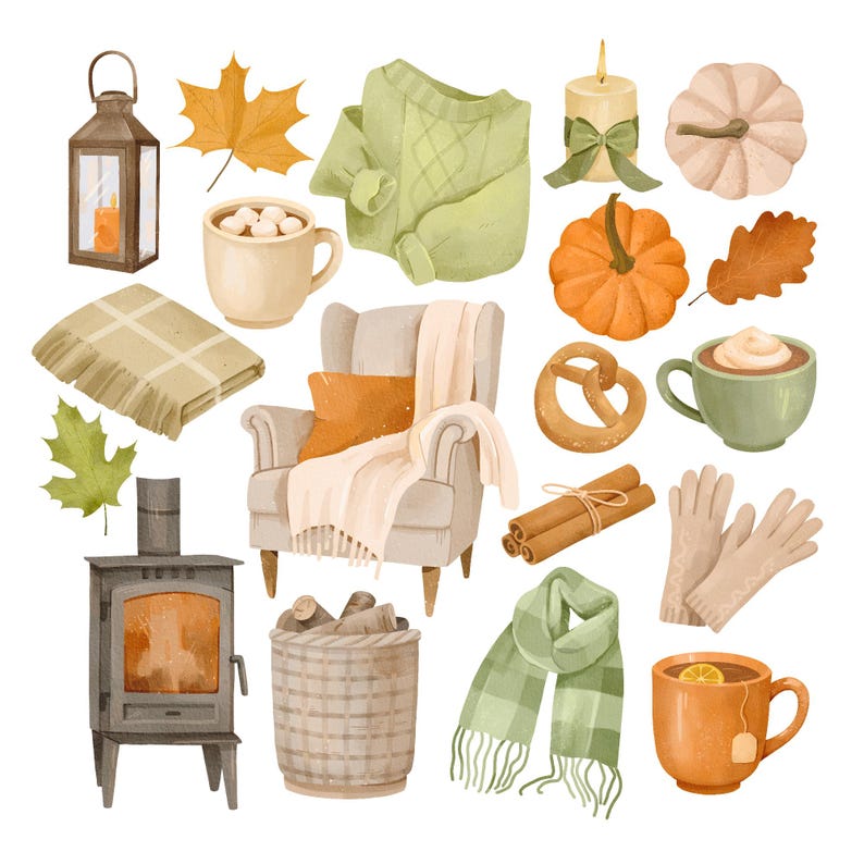 Watercolor Autumn Clipart, Cozy Cottagecore PNG Graphics, Fall ...