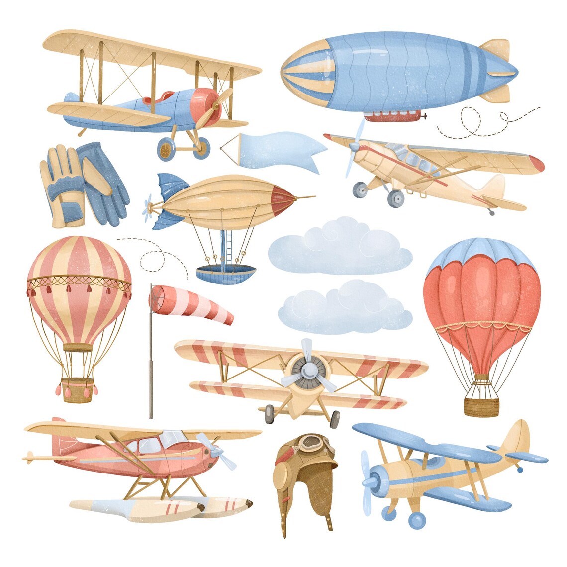 Watercolor Airplane Clipart,vintage Air Transport PNG, Hot Air Balloons ...