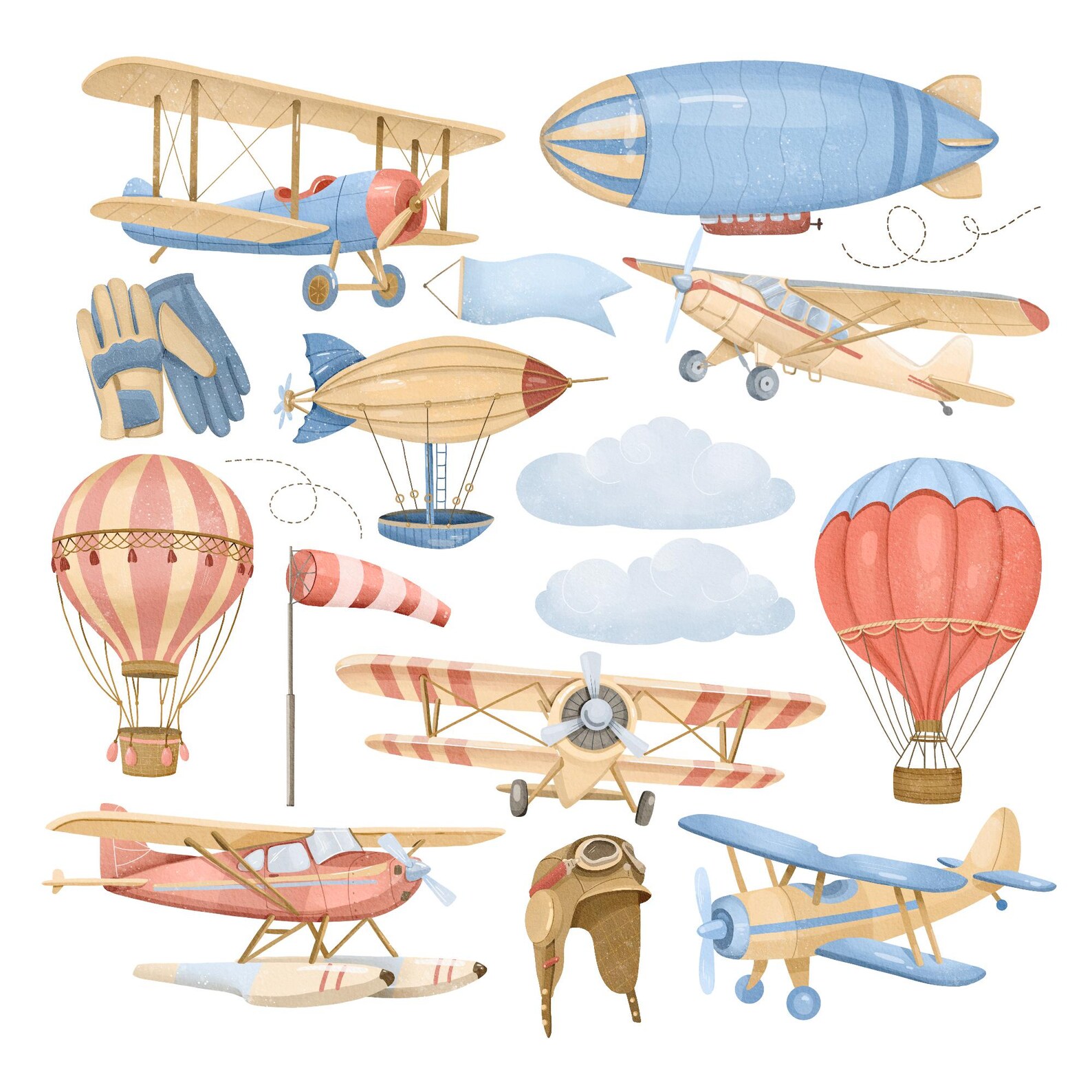 Watercolor Airplane Clipart,vintage Air Transport PNG, Hot Air Balloons ...