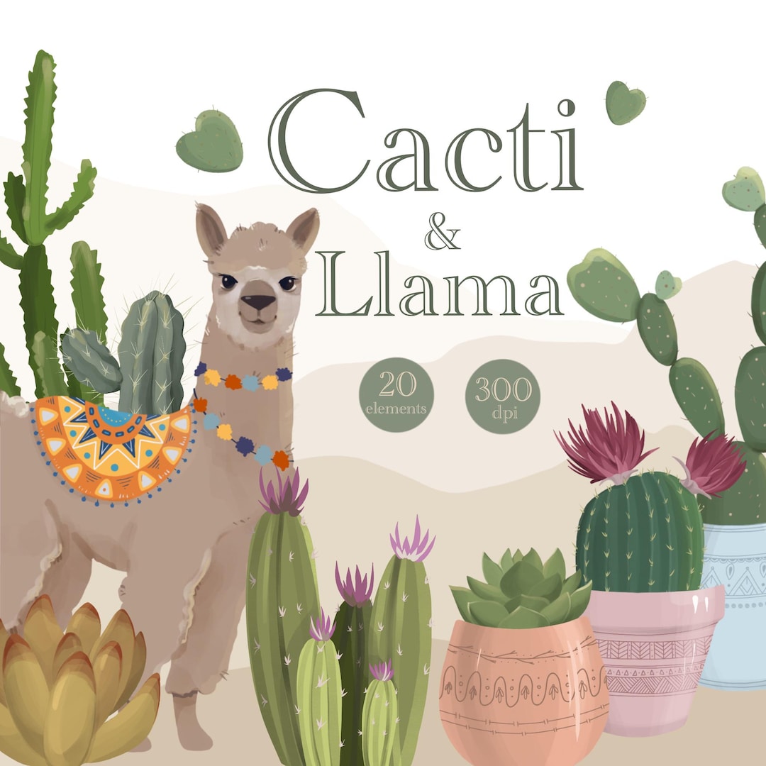 Cactus and Llama Clipart: Desert Plant Illustrations, Alpaca Graphics ...