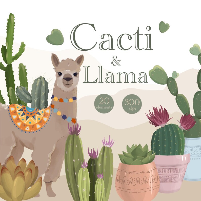 Cactus Clipart, Fiesta Llama PNG, Cacti Digital Download, Plant ...