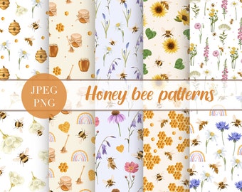 Sunflowers & Honey Bee Digital Paper, Repeat Seamless Pattern ...