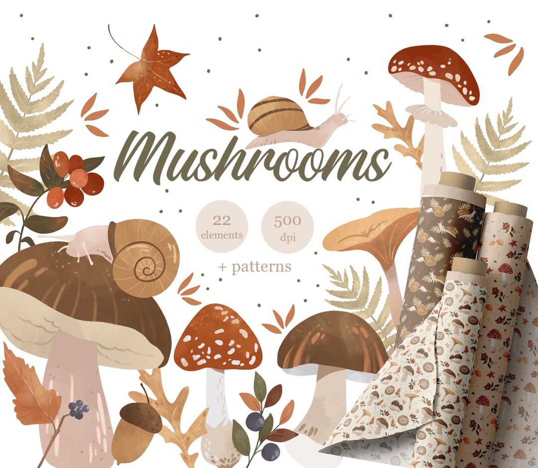 Mushrooms Clipart, Forest Graphics, Mushrooms Seamless Pattern ...