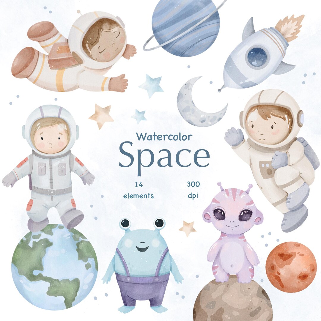 Space Watercolor Clipart Set, Solar System, Space Nursery PNG, Cute ...