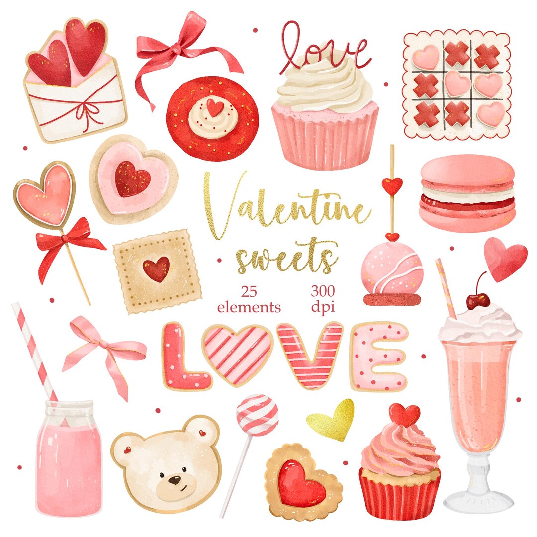 Watercolor Valentines Day Sweets Clipart PNG, Gold Glitter Graphic ...