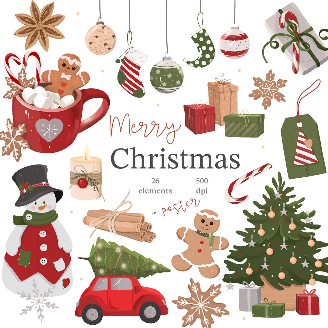 Merry Christmas Clipart Set: Holiday Graphics, Christmas Tree ...