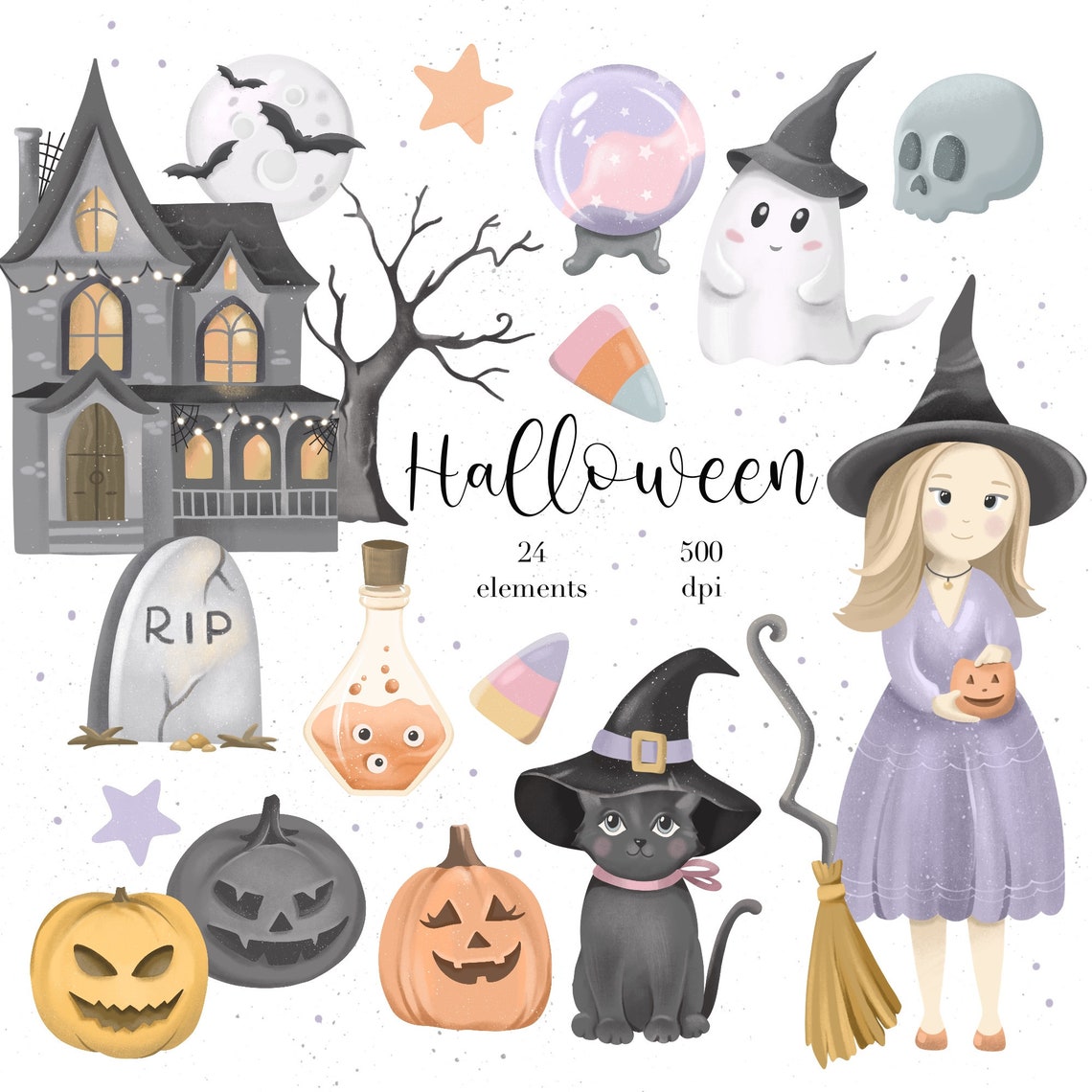 Cute Halloween Clipart, Kids Halloween PNG, Witch, Horror Clipart ...