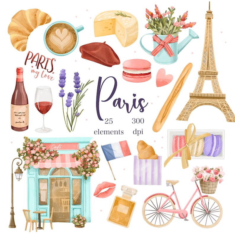 Watercolor Paris Clipart Set, Eiffel Tower, French Illustrations ...