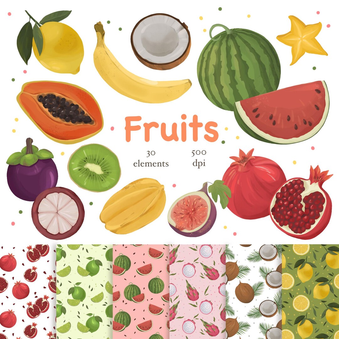 Fruits Clipart, Summer Tropical Fruits Set, Fruit Pattern, Fruit ...