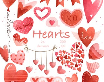 Heart Clipart PNG, Watercolor Hearts, Valentines Day Clipart, Pink ...
