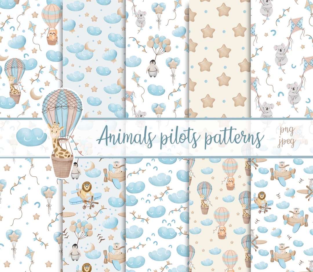 Watercolor Animal Pilots Pattern PNG: Nursery Airplane Designs (digital ...