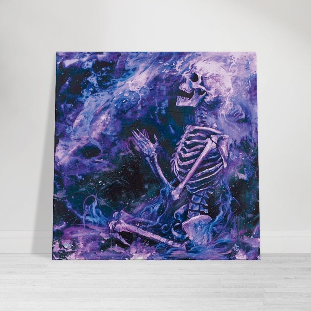 Purple Skeleton Print, Fire Painting, Praying Skeleton, Trippy Skeleton ...
