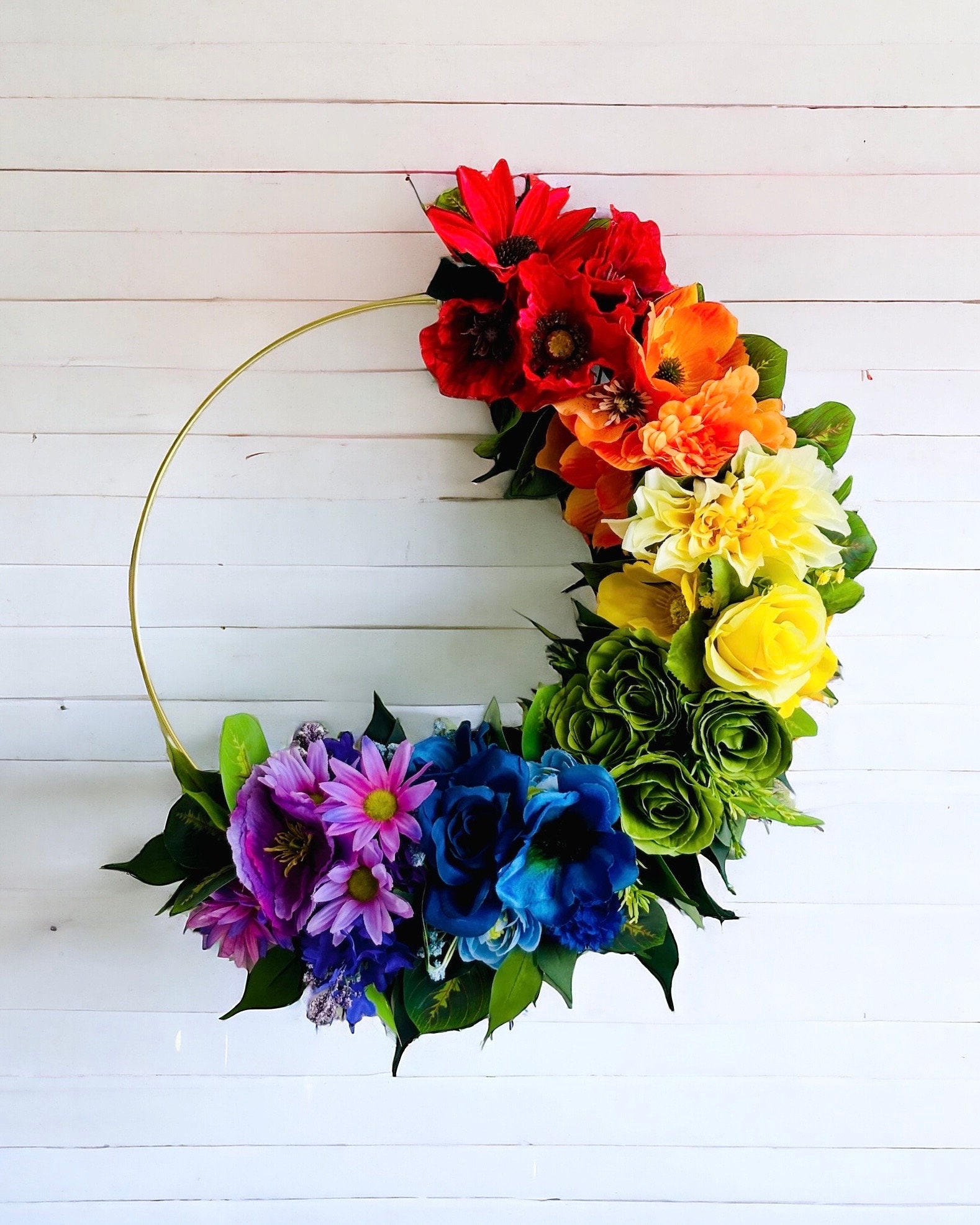 Modern Rainbow Flower Wreath Multicolor Spring, Summer Hoop Wreath ...