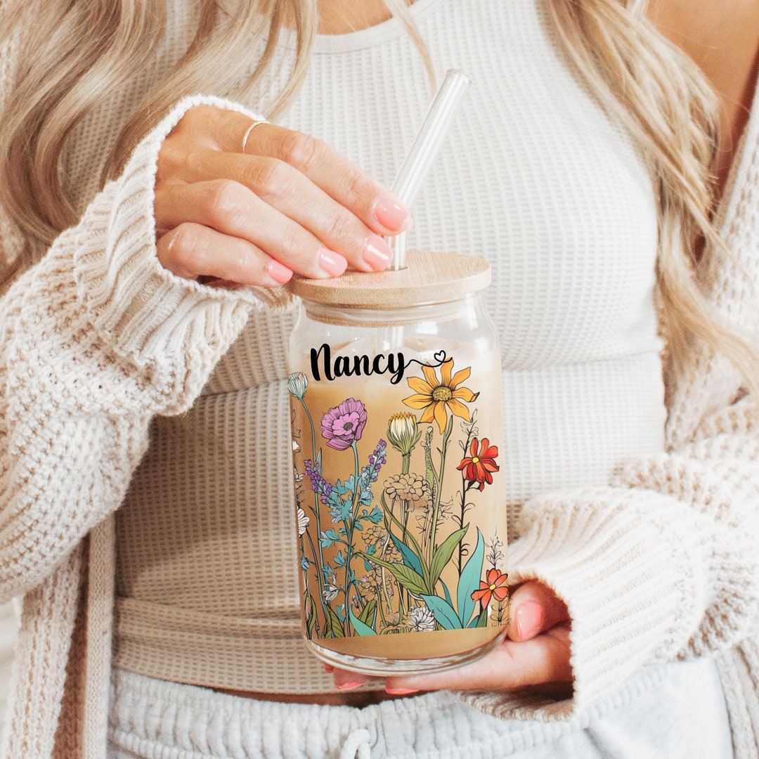 Wildflowers Clear Glass Cup for Women, Personalized Floral Glass Cup ...