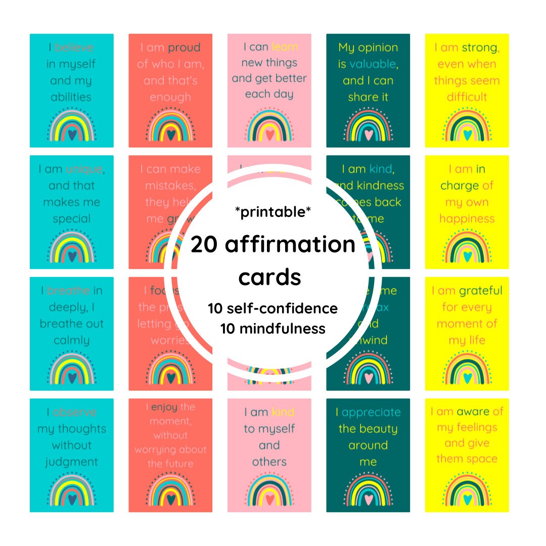 20 Printable Affirmation Cards for Kids With Rainbow 10 Self-confidence ...