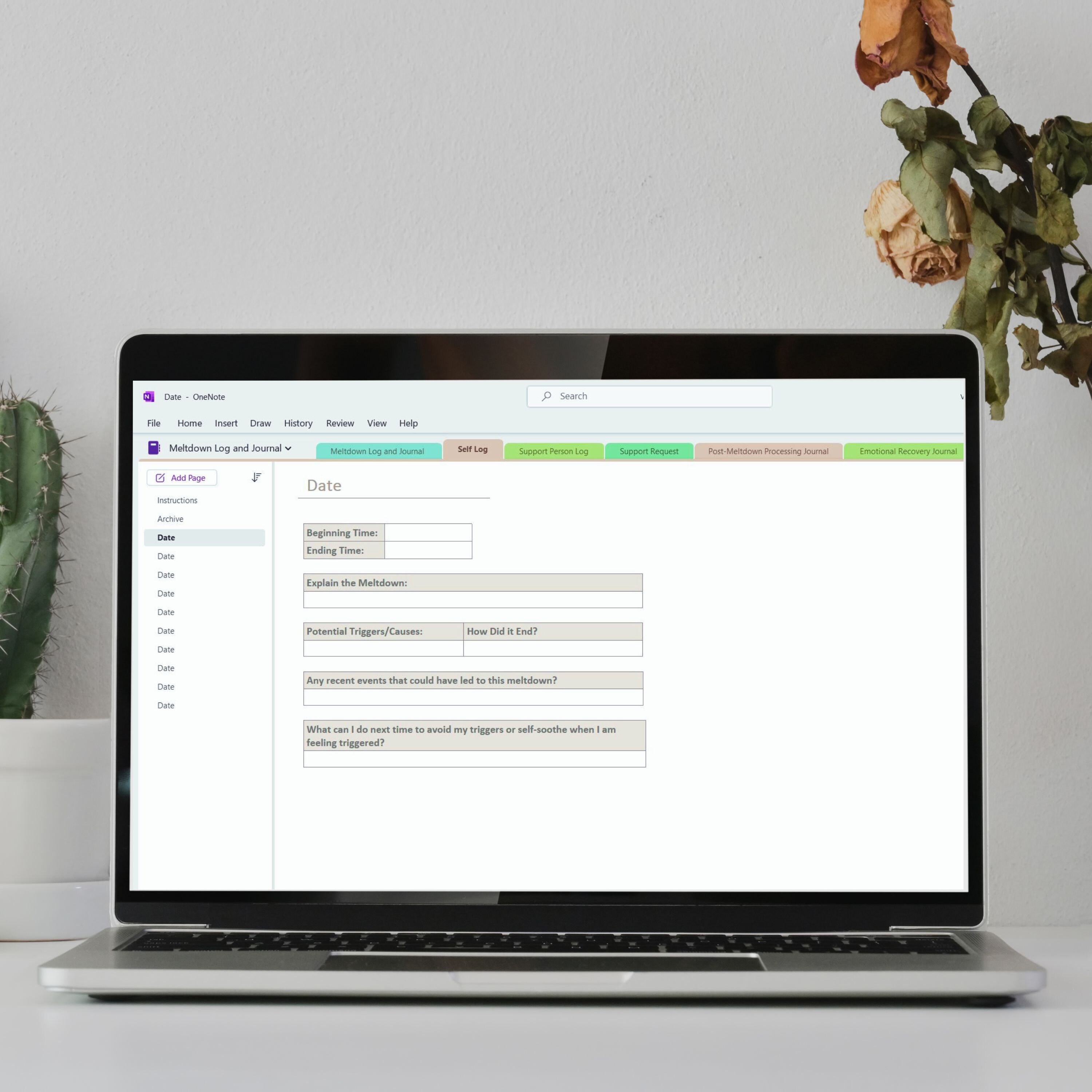 Autistic Meltdown Log Onenote Template & Digital Journal | Mental ...