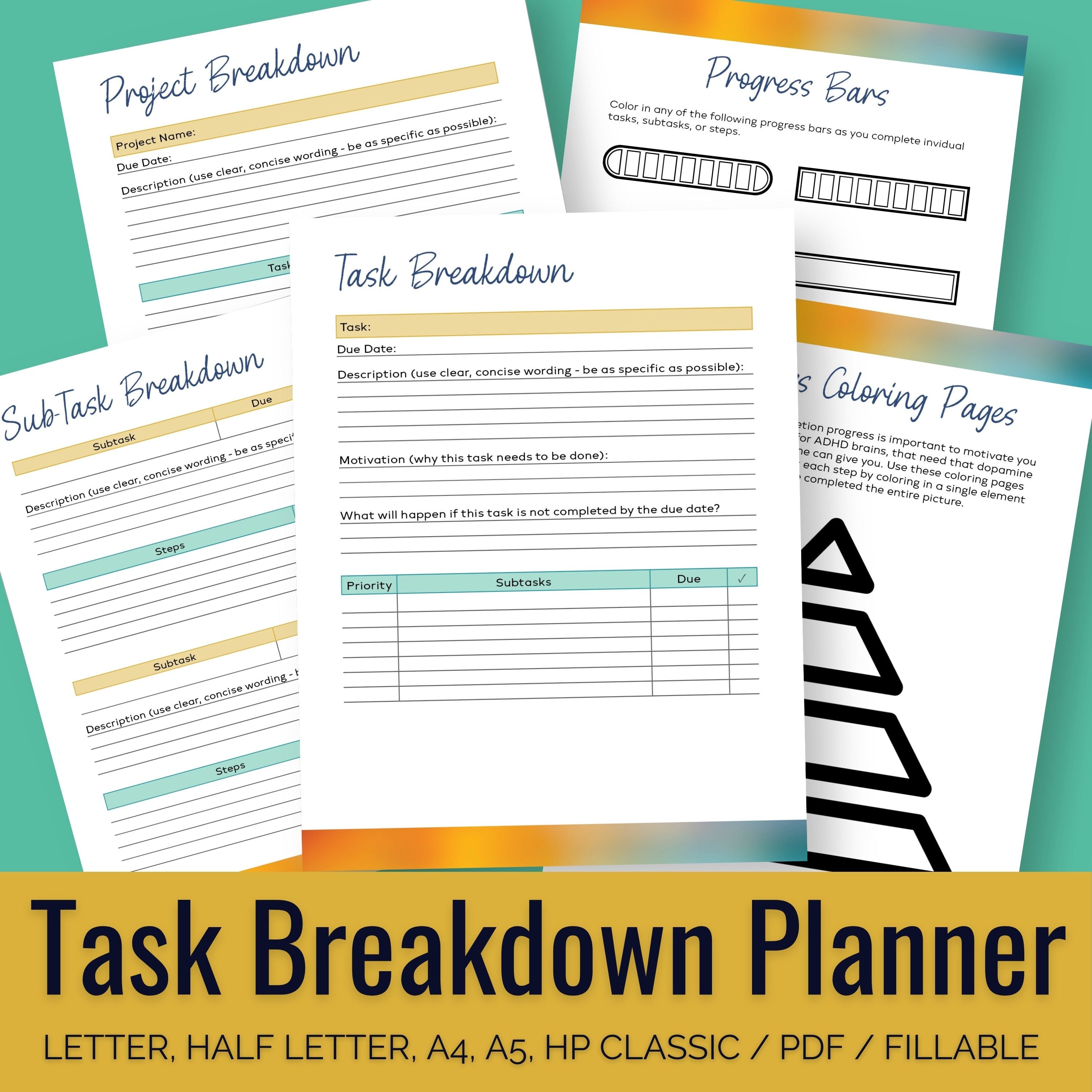ADHD Task Breakdown Planner | Printable & Fillable Pdf | Project ...