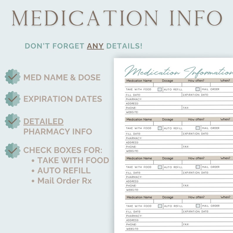 Printable Medicine Tracker, Medication Log, Medication List | Medical ...