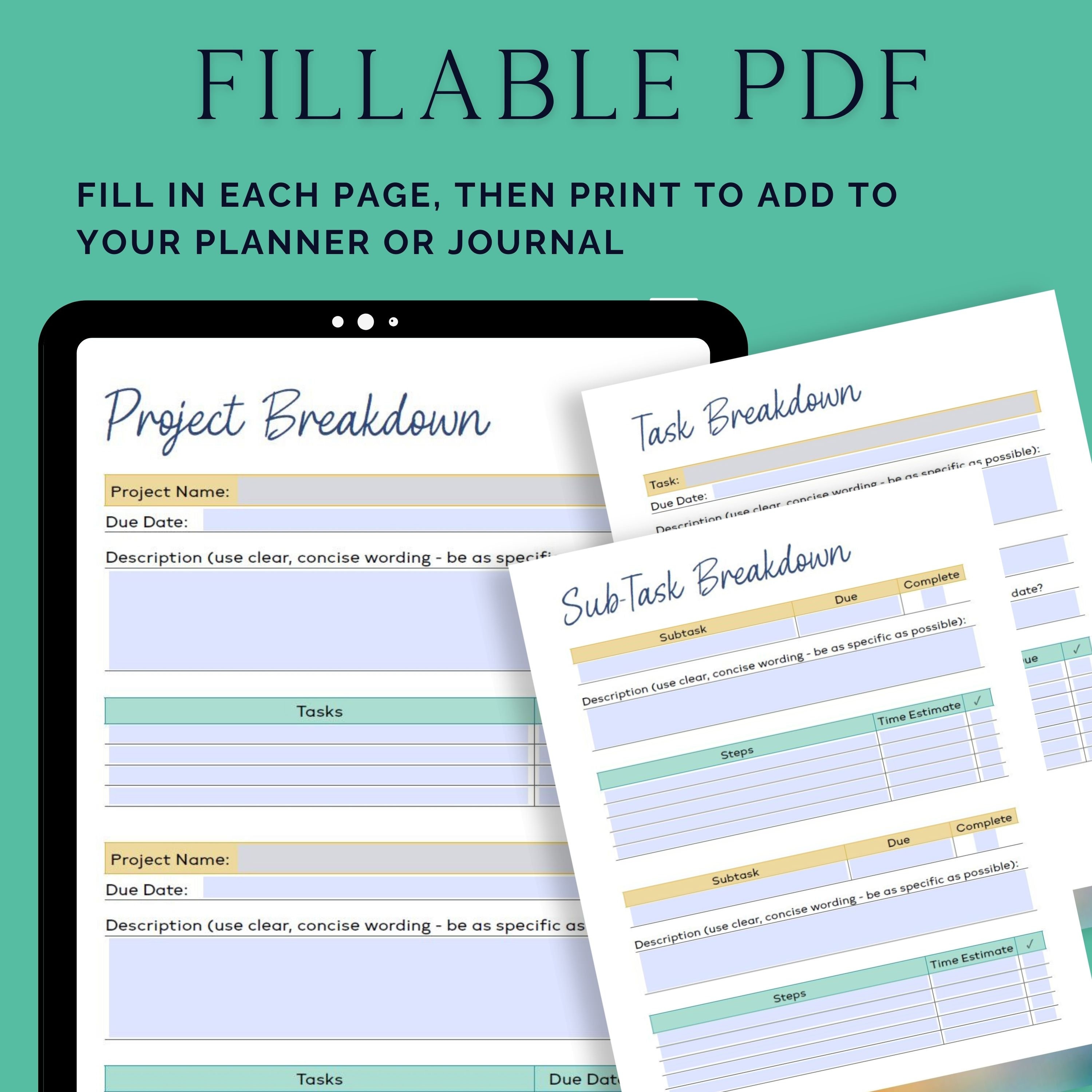 ADHD Task Breakdown Planner | Printable & Fillable Pdf | Project ...
