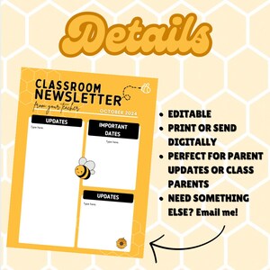 Bee-themed Teacher Newsletter Template, Digital, Editable, Printable - Etsy