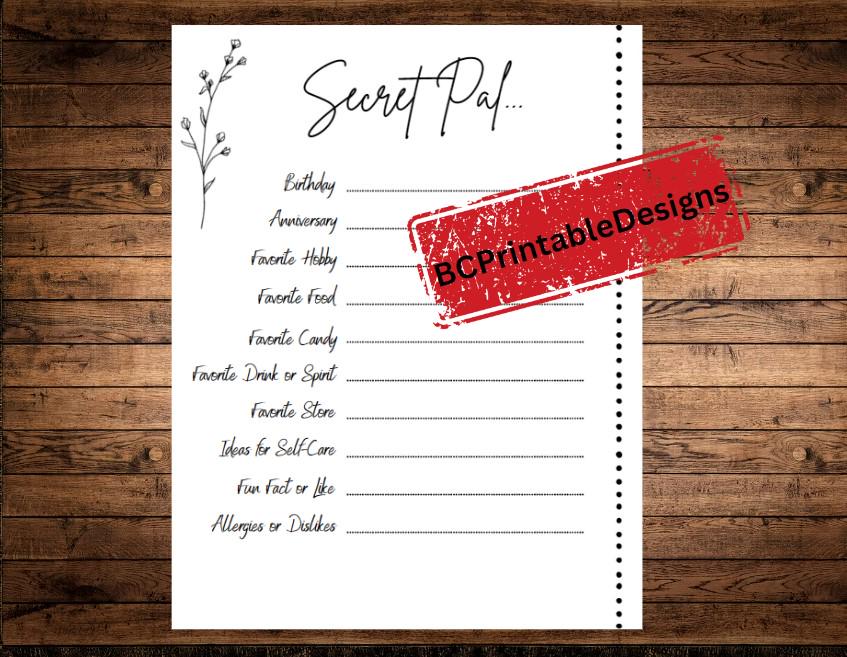 Secret Pal, Secret Sister, Work Pal, Printable, Print at Home - Etsy