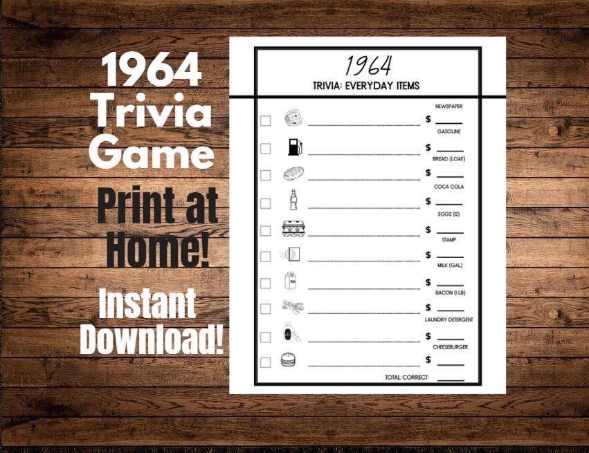 1964 Trivia Everyday Items PRINTABLE 61st Birthday Anniversary Reunion ...