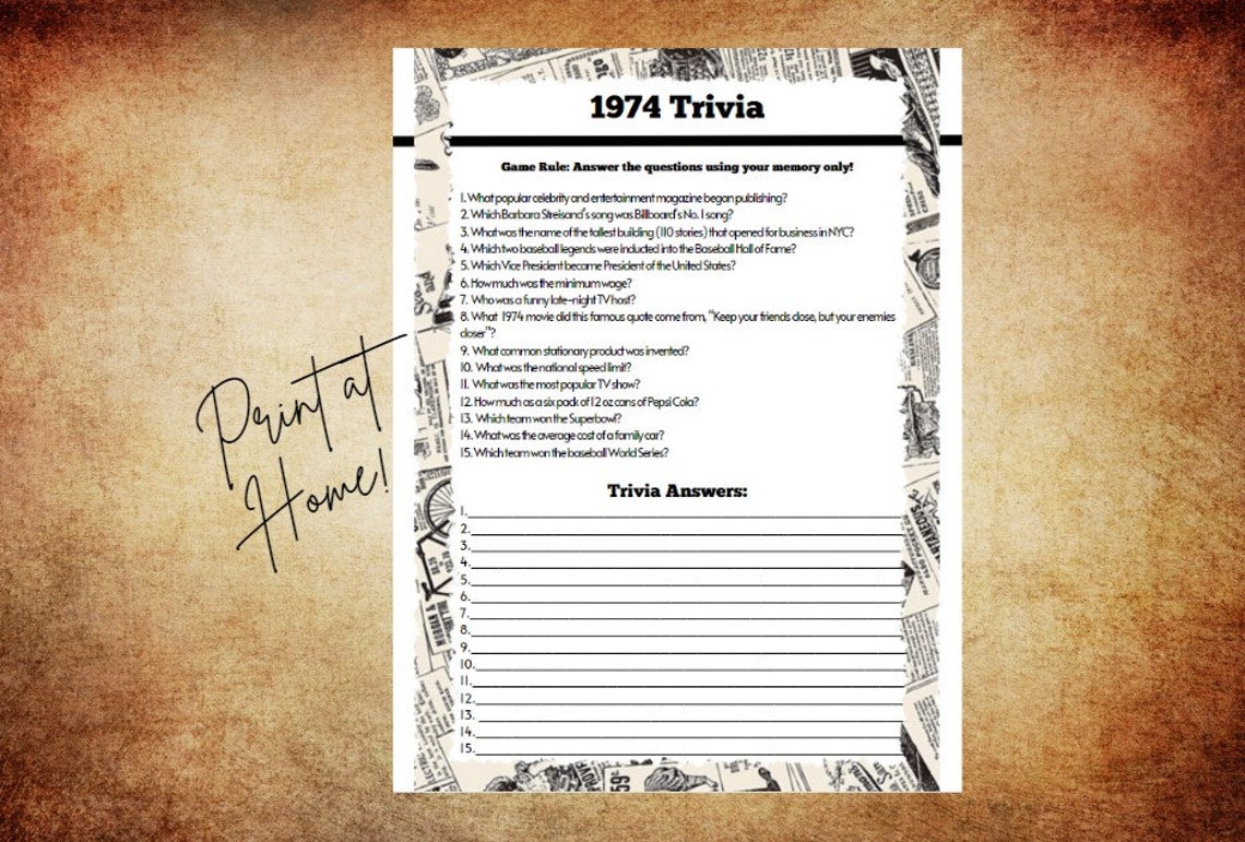 1974 Trivia Questions PRINTABLE 50th Birthday Anniversary Reunion - Etsy