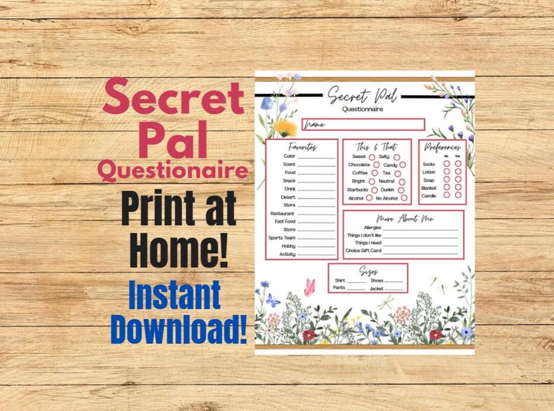 Secret Pal Questionnaire Work Party Friends Print at Home, Instant ...
