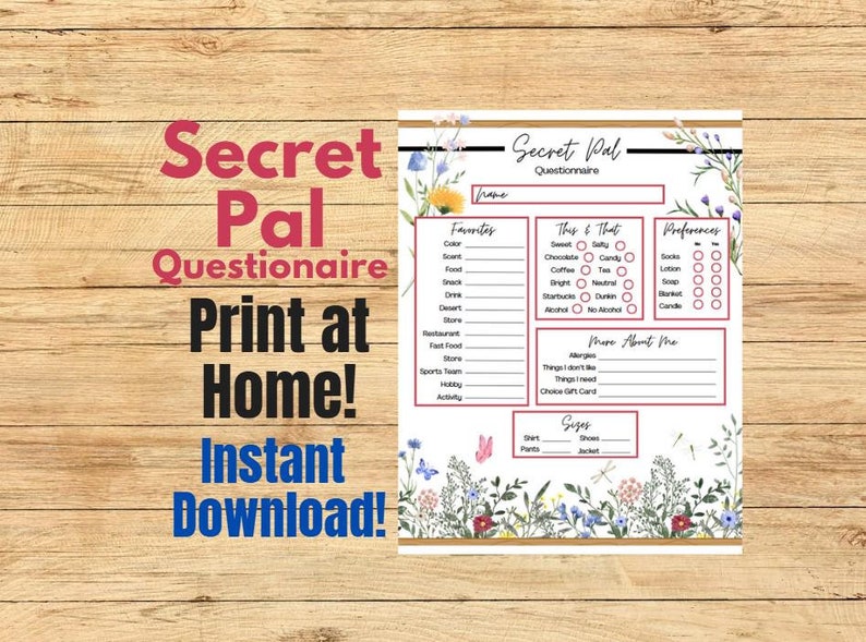 Secret Pal Questionnaire - Work Party Friends Print at Home, Instant ...