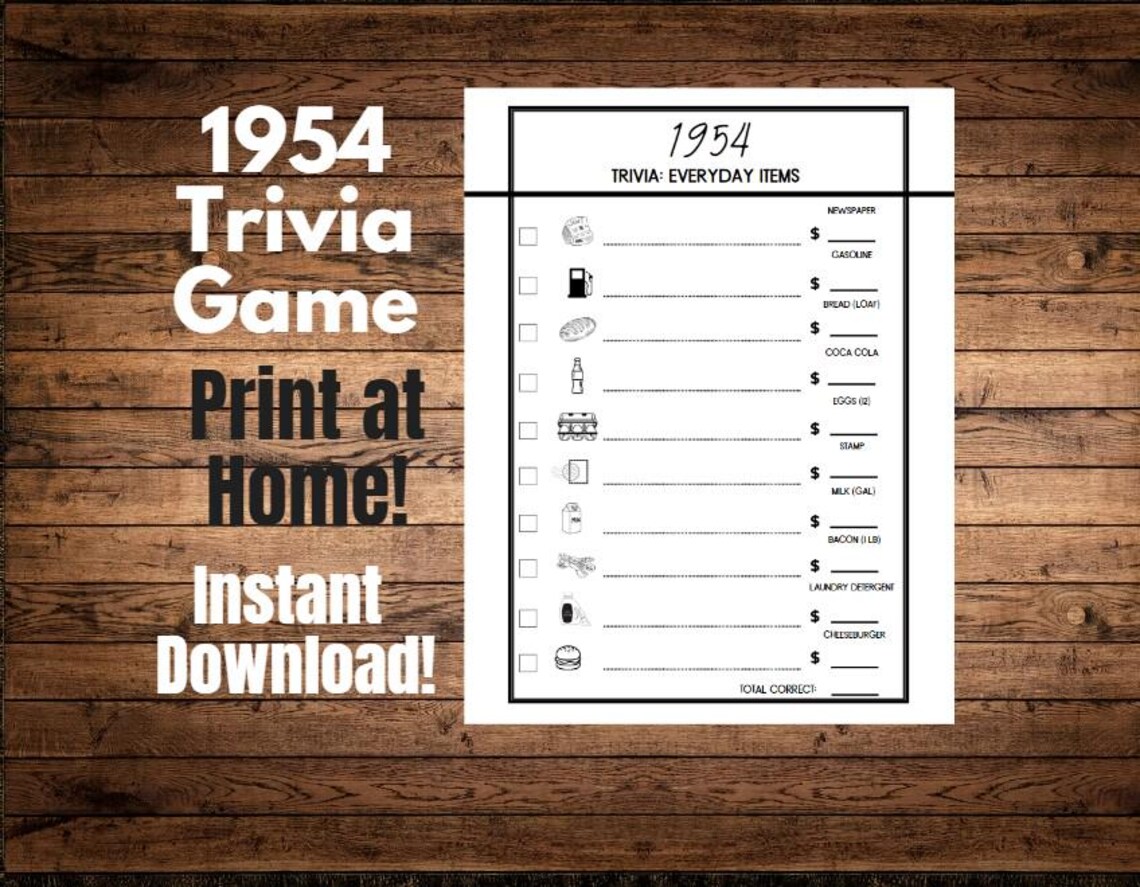 1954 Trivia Everyday Items PRINTABLE 71st Birthday Anniversary Reunion ...