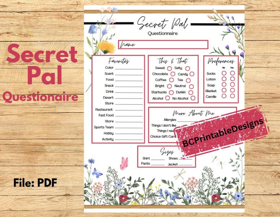 Secret Pal Questionnaire - Work Party Friends Print at Home, Instant ...