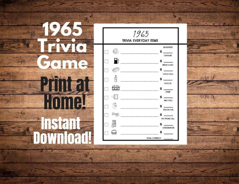 1965 Trivia Everyday Items PRINTABLE 60th Birthday Anniversary Reunion ...