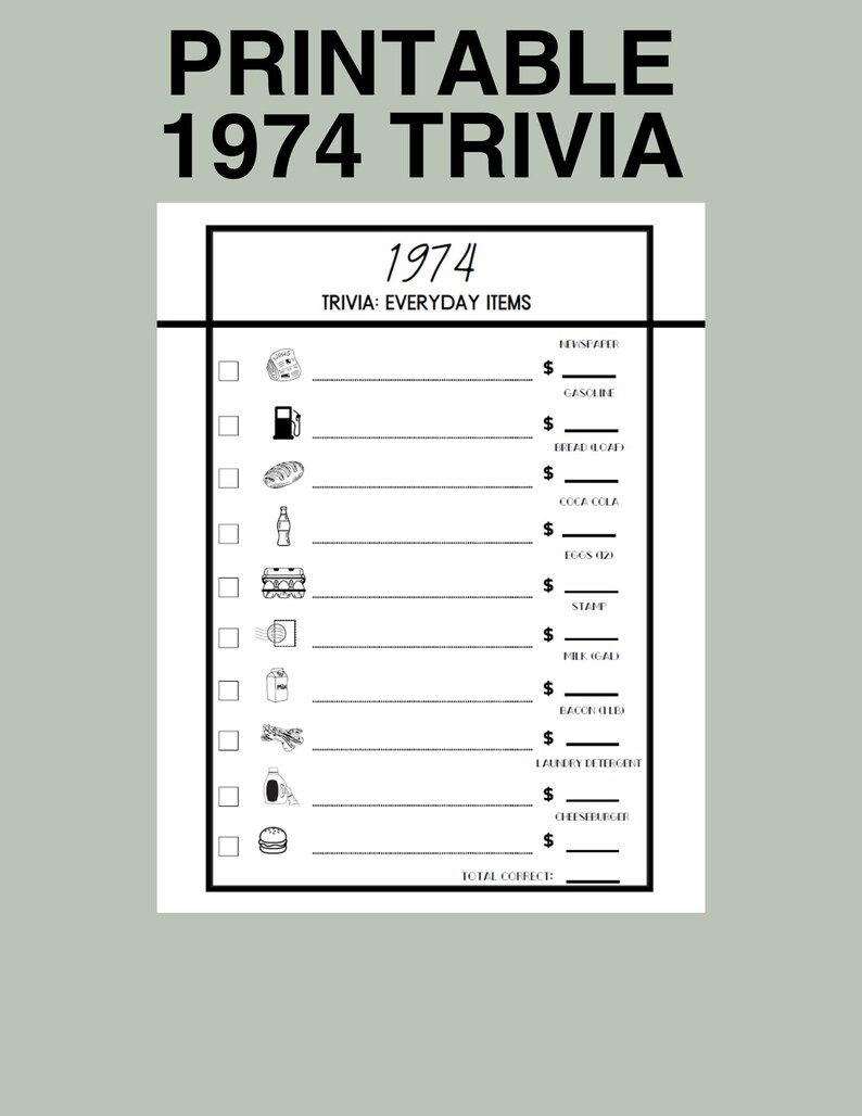 1974 Trivia Everyday Items PRINTABLE 50th Birthday Anniversary Reunion ...