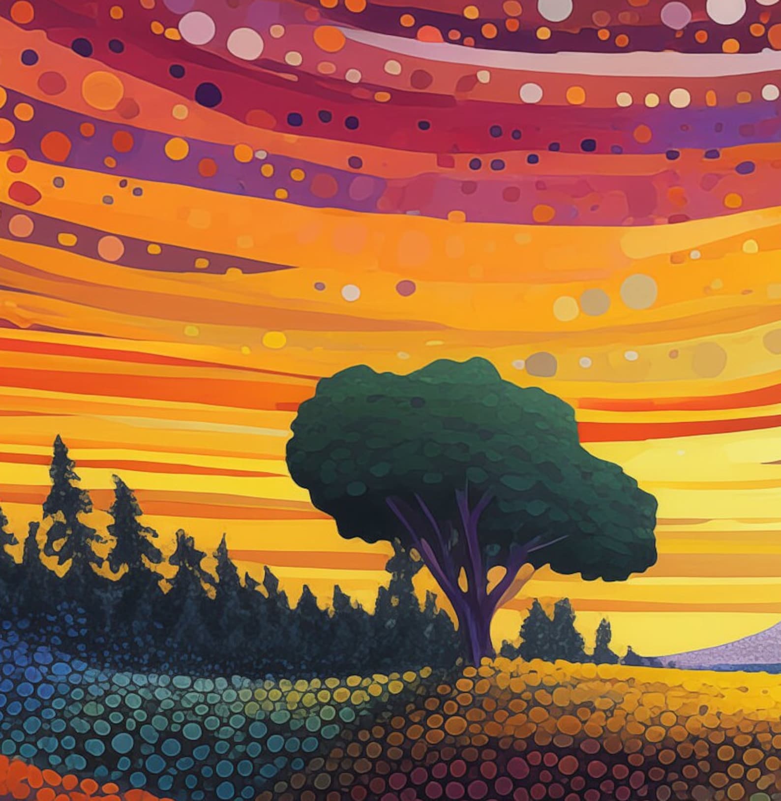 16:9 Vibrant Sunset Wall Art, Pointillism, Abstract, Ocean, Sunset ...