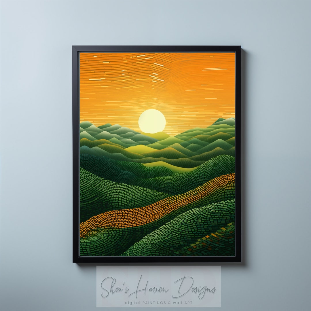 Mountain Sunset Wall Art, Pointillism, Abstract, Mountain Terrain ...
