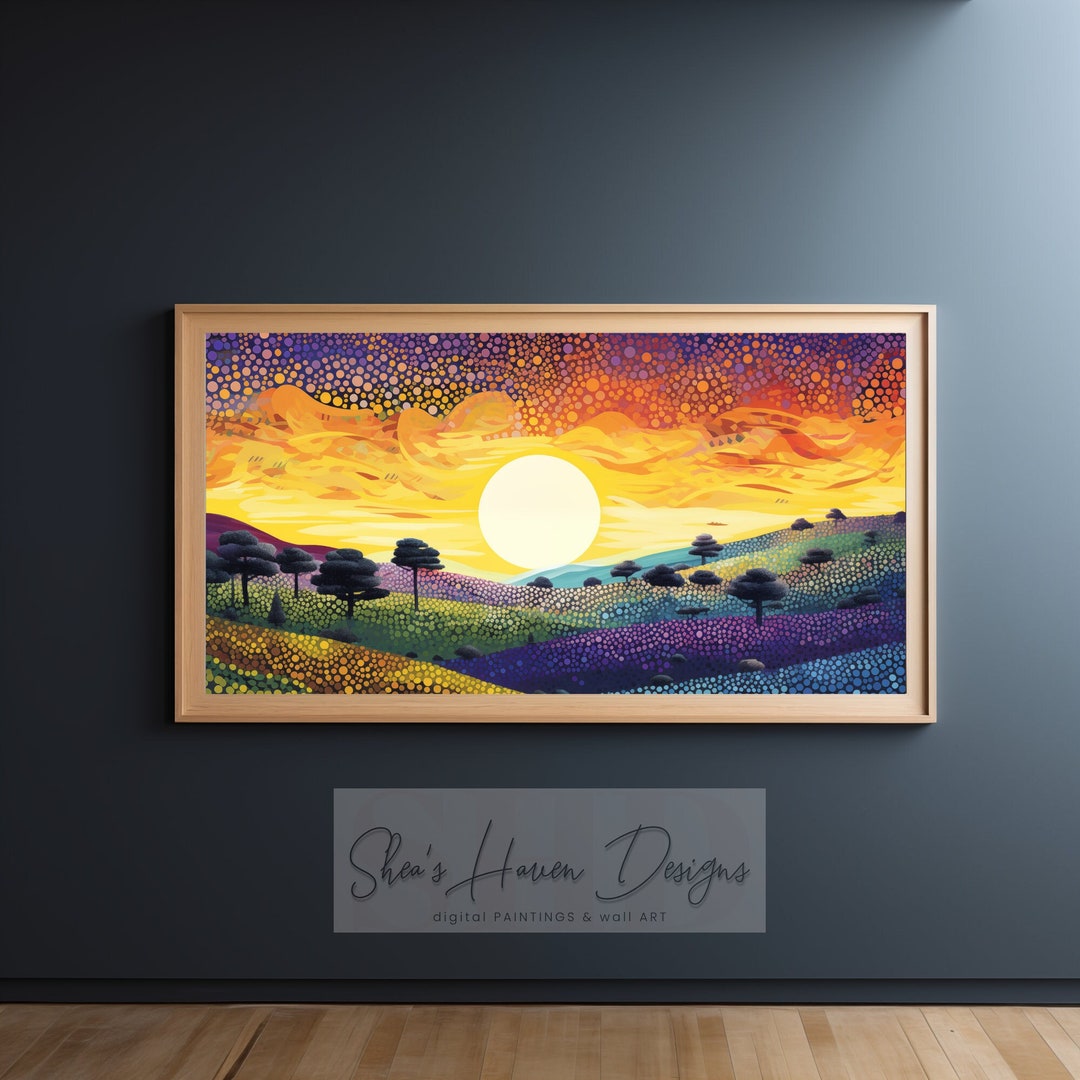 16:9 Vibrant Sunset Wall Art, Pointillism, Abstract, Ocean, Sunset ...