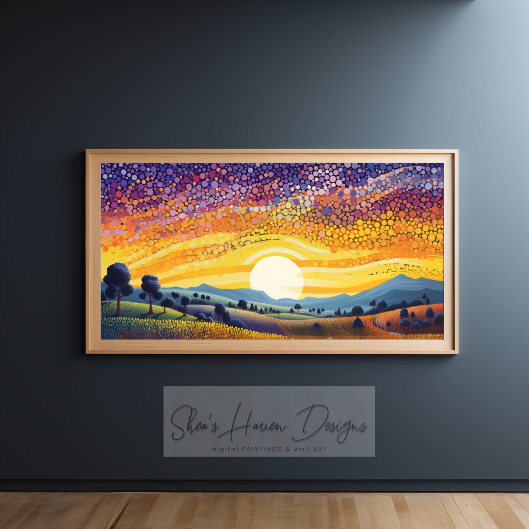 16:9 Vibrant Sunset Wall Art, Pointillism, Abstract, Ocean, Sunset ...