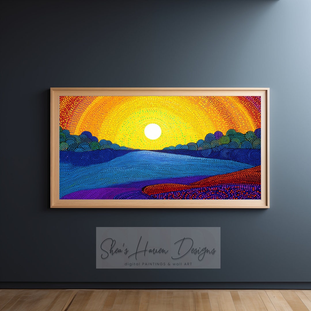 16:9 Vibrant Sunset Wall Art, Pointillism, Abstract, Ocean, Sunset ...