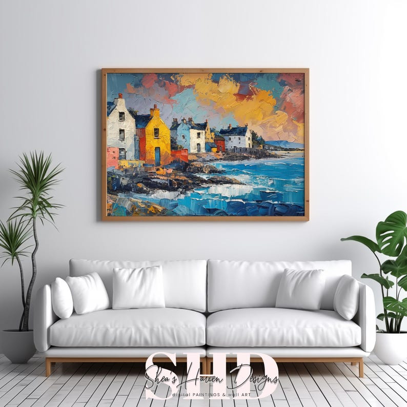 Printable Coastal Serenity Sunset Over Quaint Village, Maritime ...