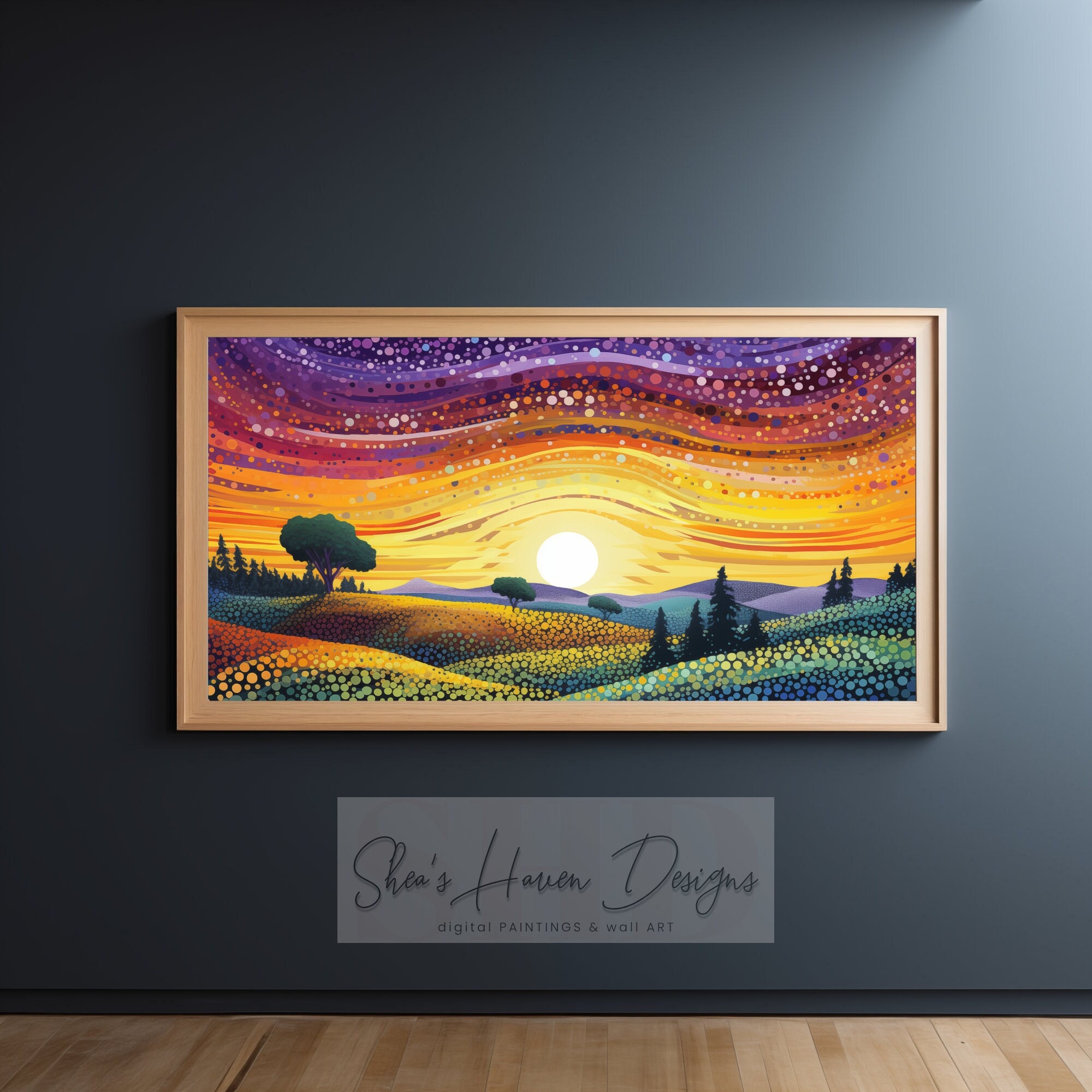 16:9 Vibrant Sunset Wall Art, Pointillism, Abstract, Ocean, Sunset ...