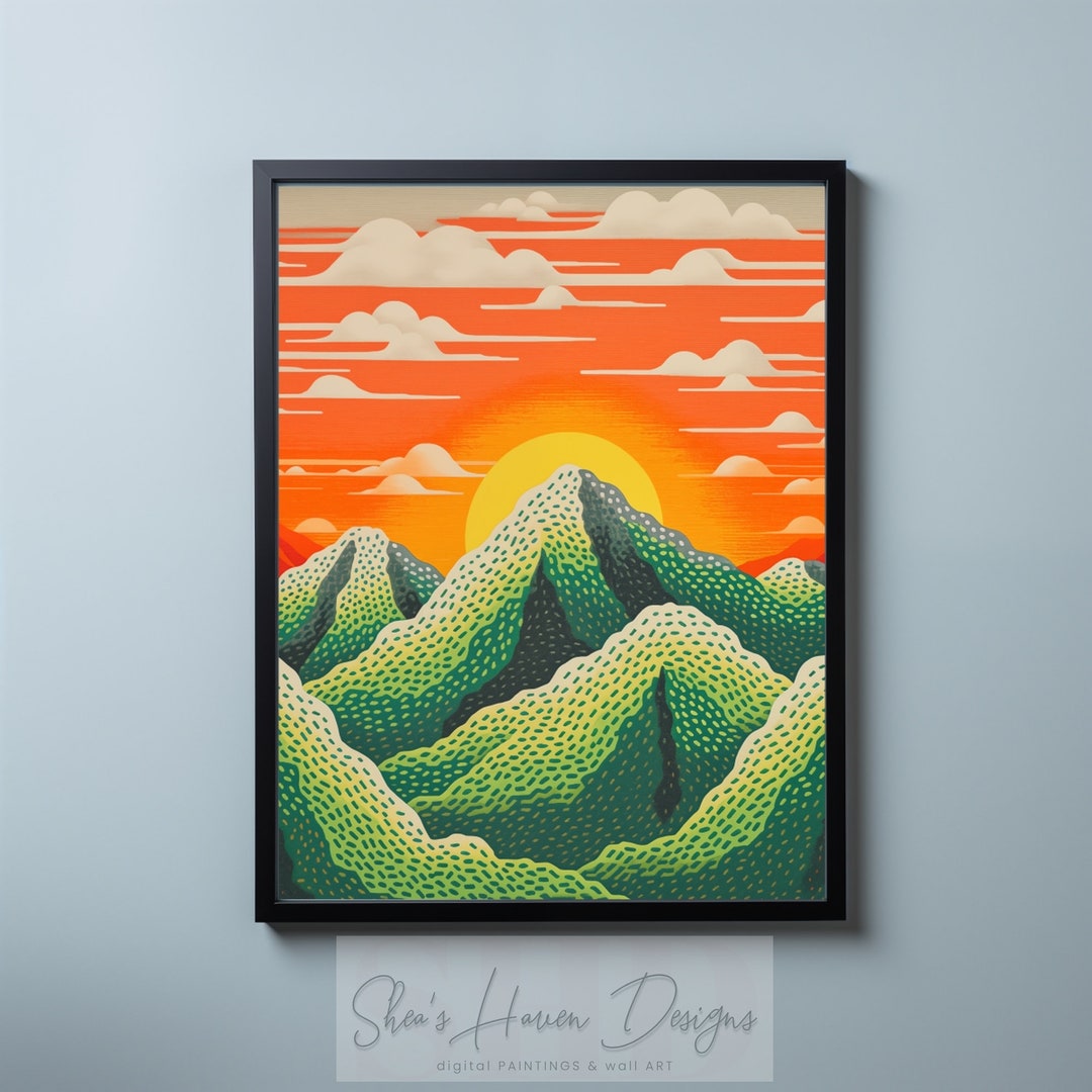 Mountain Sunset Wall Art, Pointillism, Abstract, Mountain Terrain ...